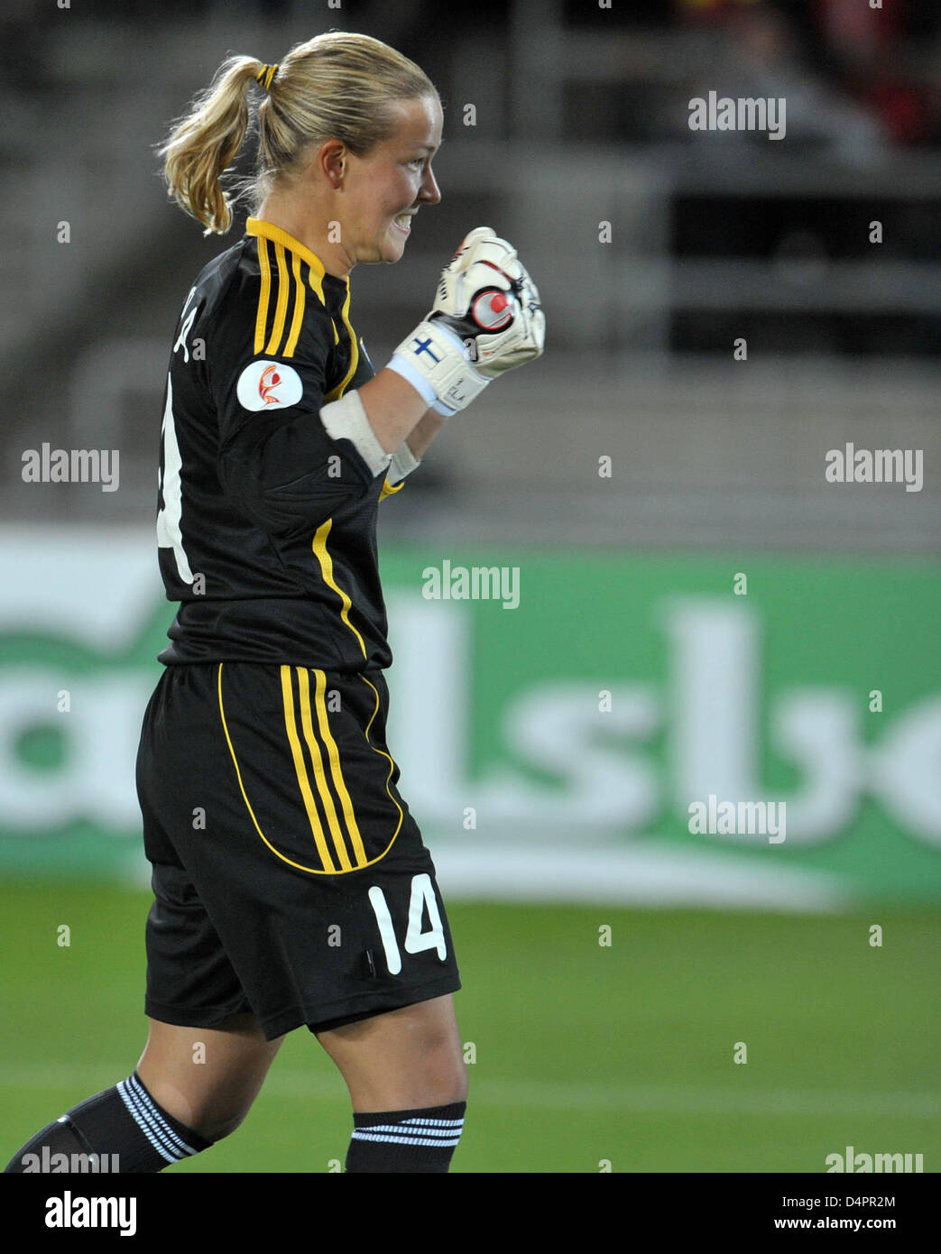 Finnish goalkeeper Tinja-Riika Korpela celebrates after the UEFA Women ...
