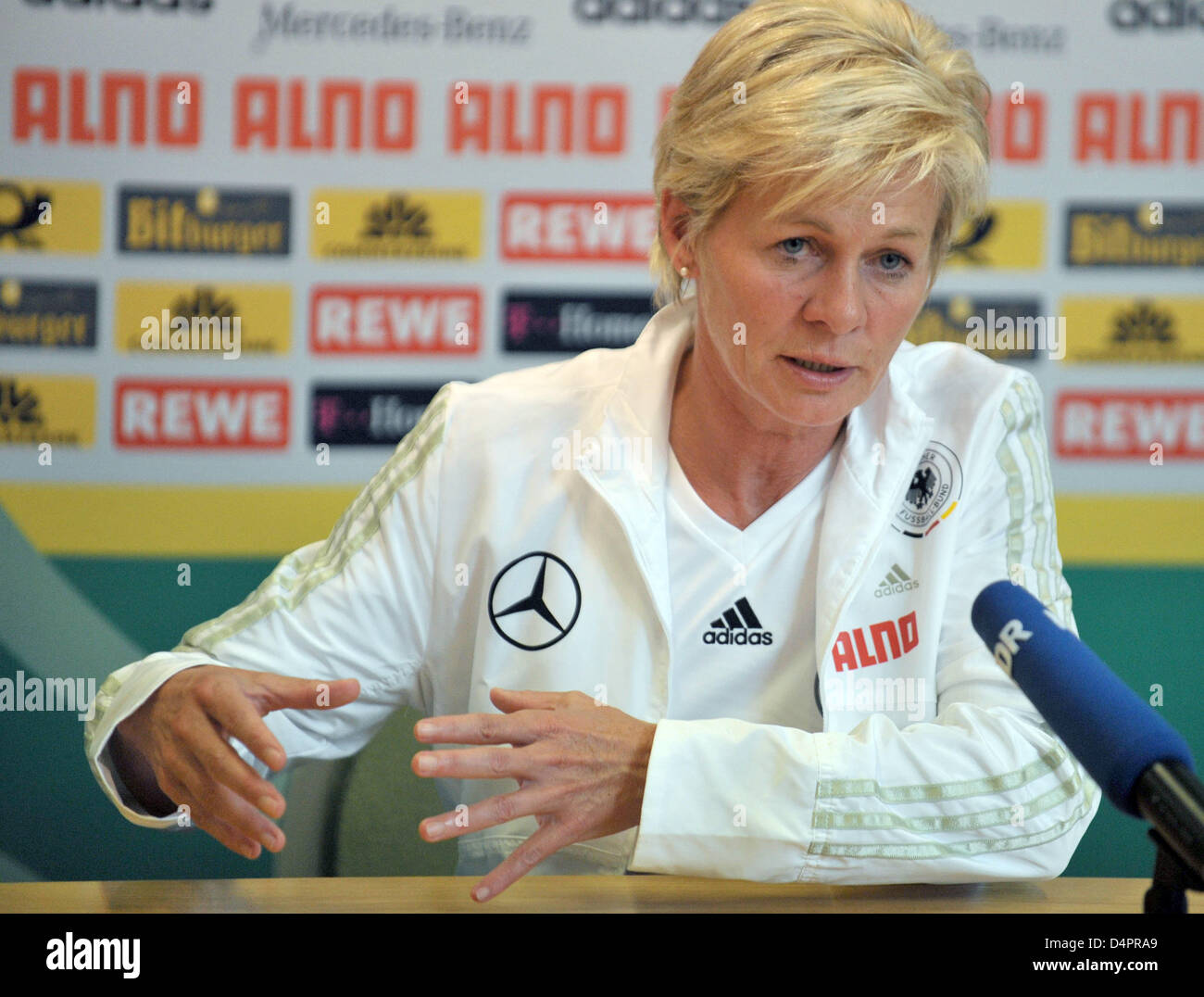 Germany?s head coach Silvia Neid gestures during a press conference at ...