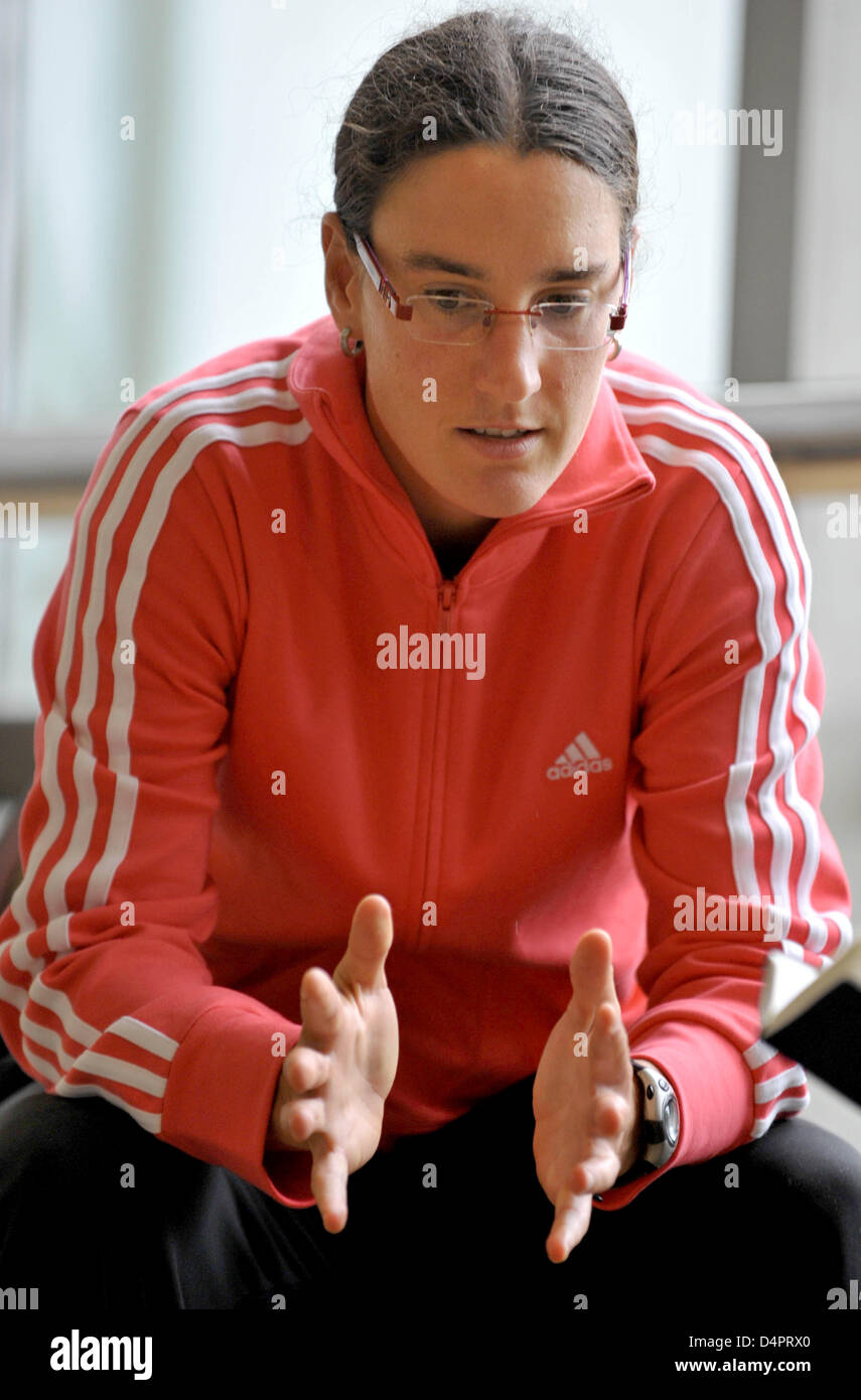 Germany?s national player Birgit Prinz speaks during an interview at ...
