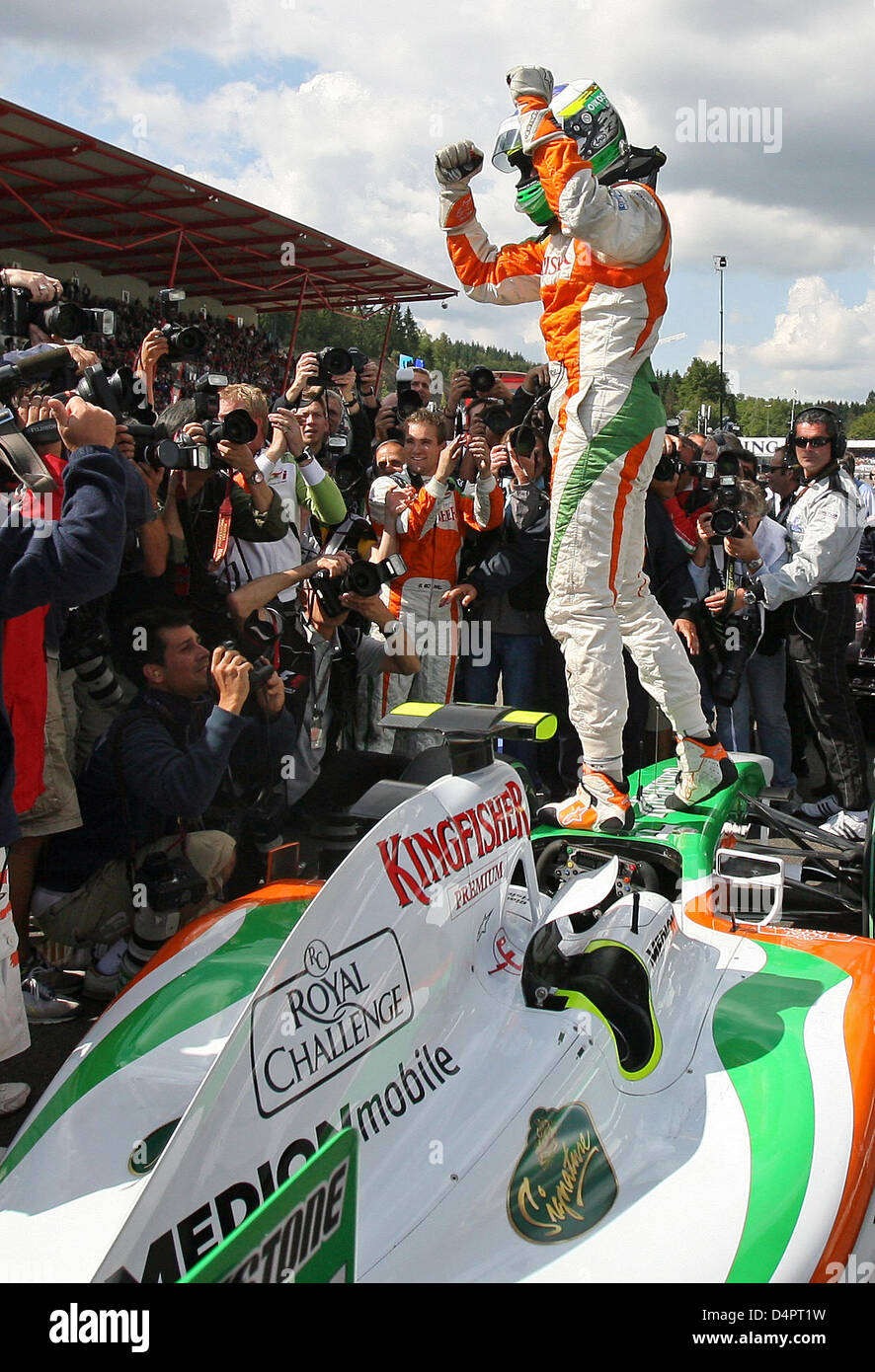Italian Formula One driver Giancarlo Fisichella of Force India cheers ...