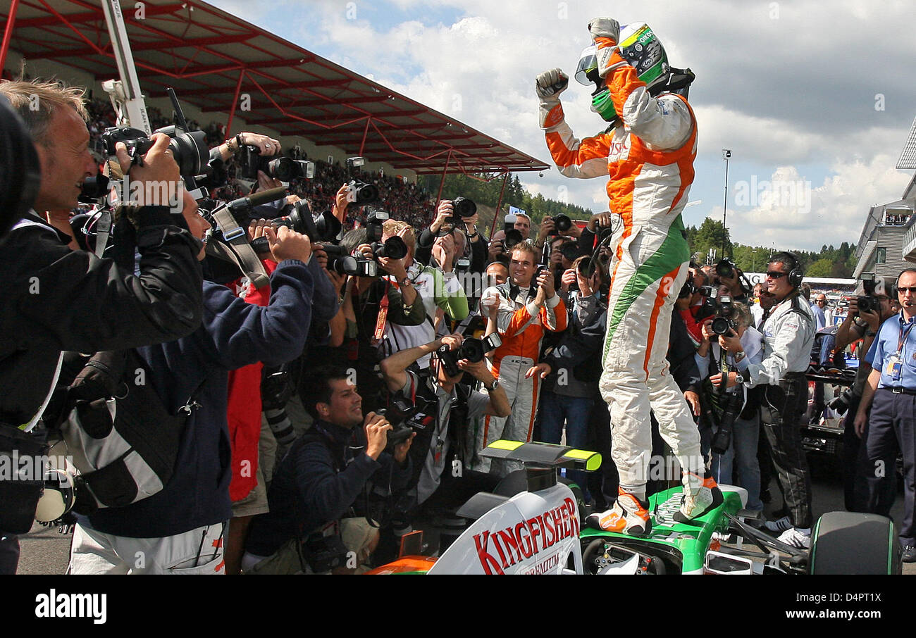 Italian Formula One driver Giancarlo Fisichella of Force India cheers ...