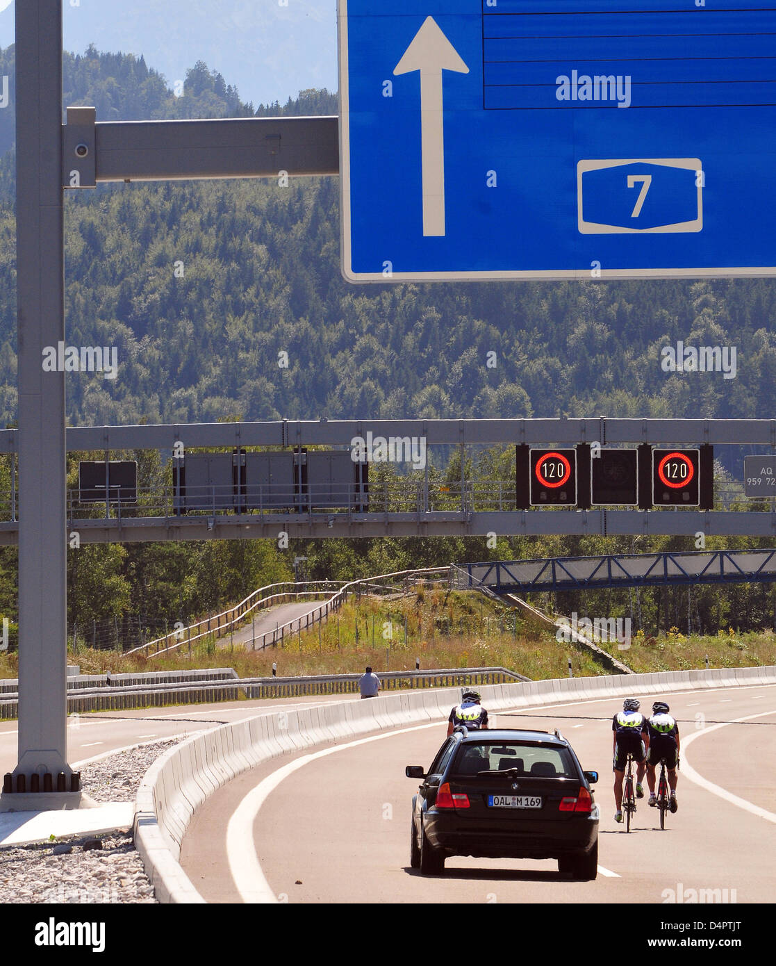 Cars after opening the last bridge of autobahn A7 near Fuessen, Germany ...