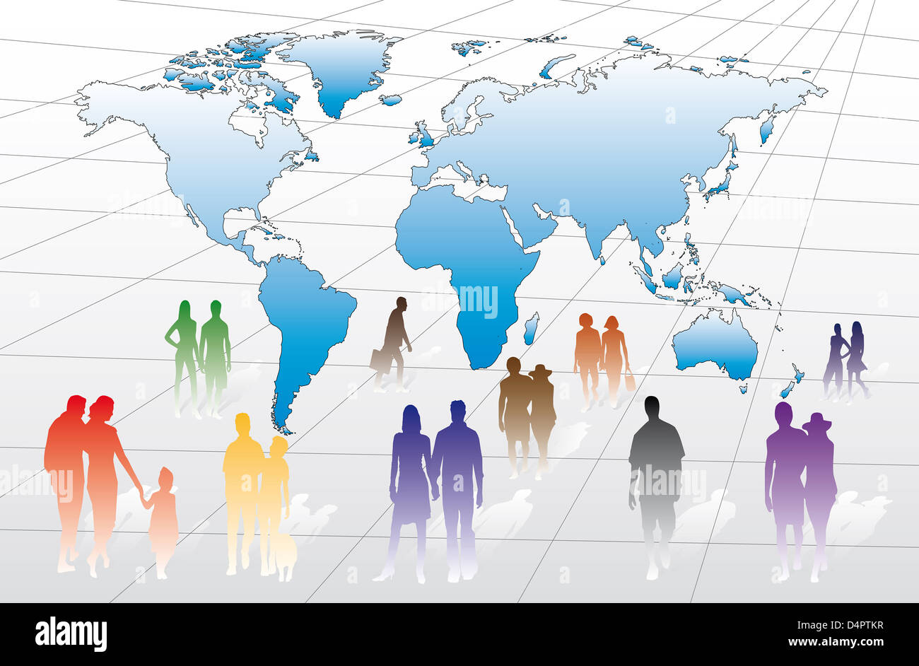 businessmen, couples and individuals on a map with all countries of the ...