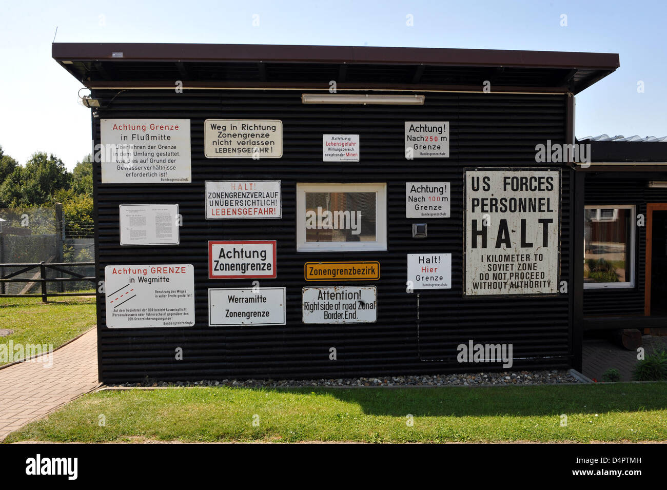 A former border checkpoint hut on display at the Thuringian-Hessian ...