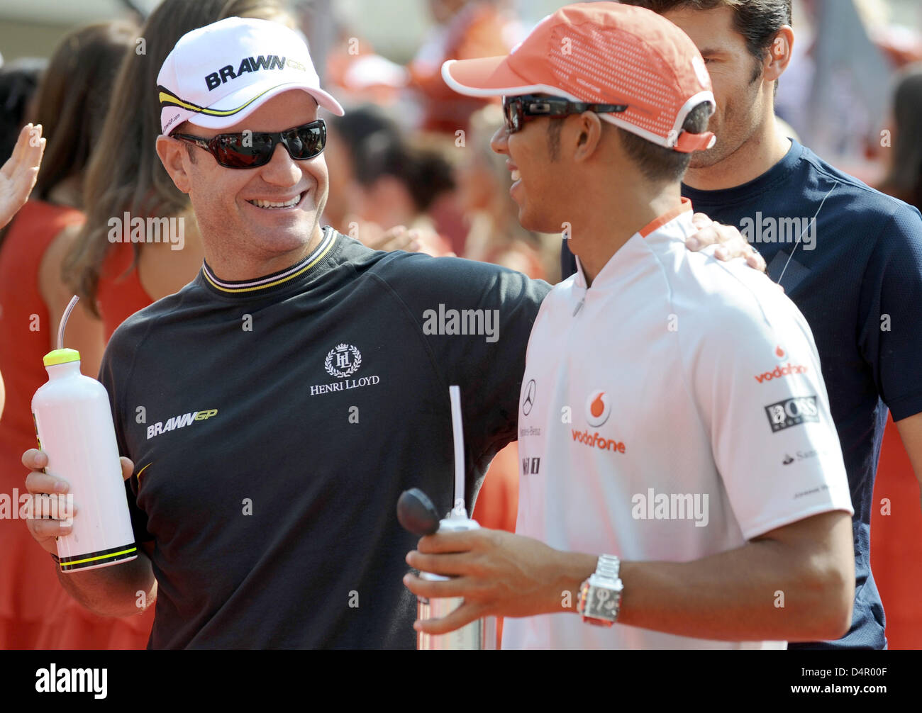 Brazilian Formula One driver Rubens Barrichello of Brawn GP (L) and ...