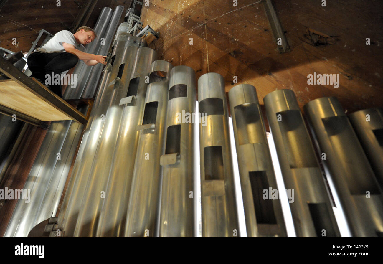 An organ builder checks organ pipes of the Steinmeyer organ in the ...
