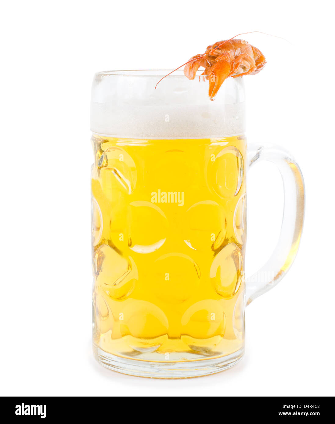 Frothy glass of light golden beer with a single cooked pink prawn ...