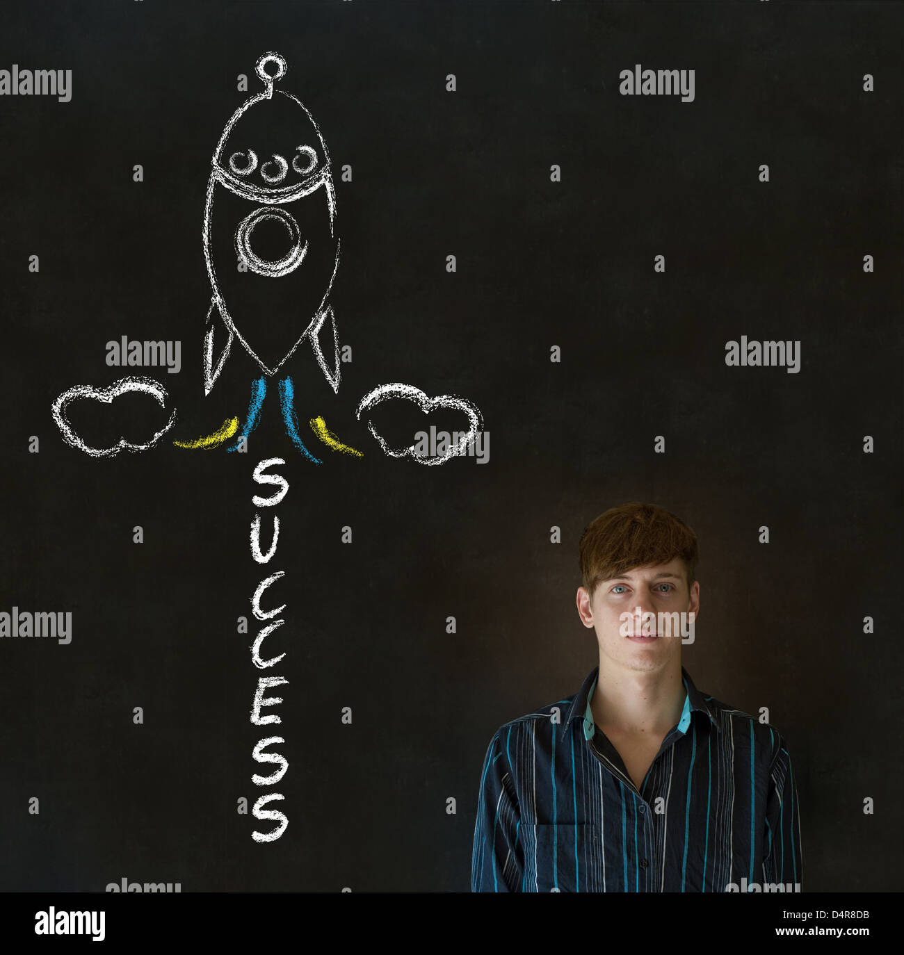 Business man with chalk success rocket on blackboard background Stock ...