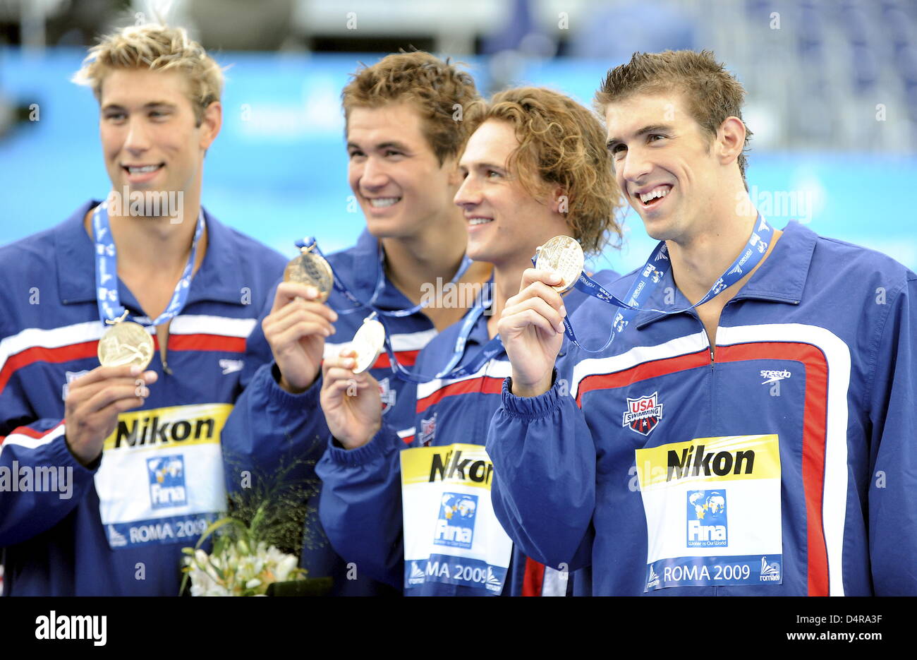 (L-R) USA?s Mattew Grevers, Nathan Adrian, Ryan Lochte and Michael ...