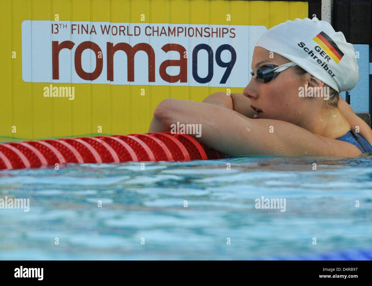 German swimmer Daniela Schreiber looks at the display panel after the ...
