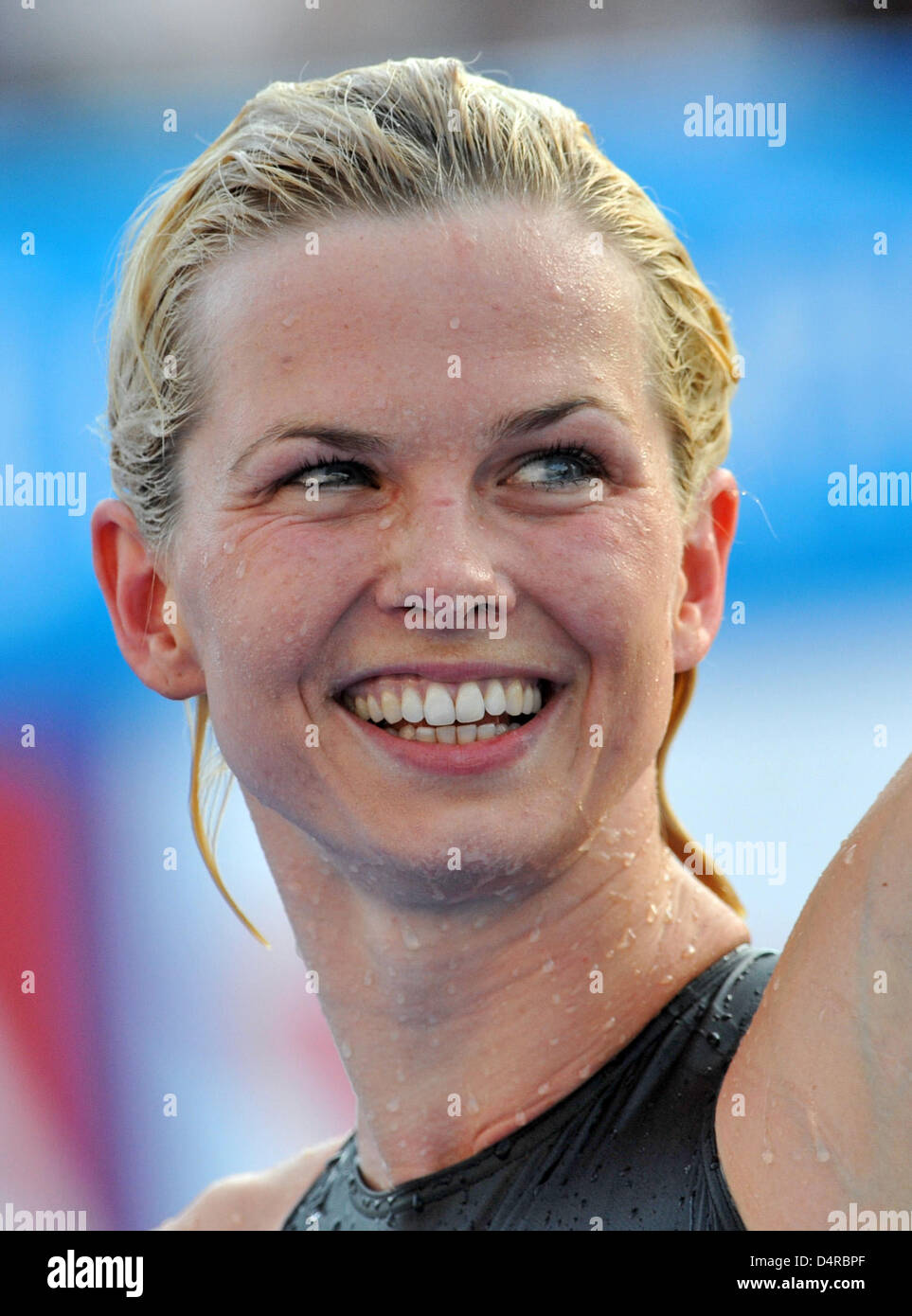 German swimmer Britta Steffen cheers after her victory at the women?s ...