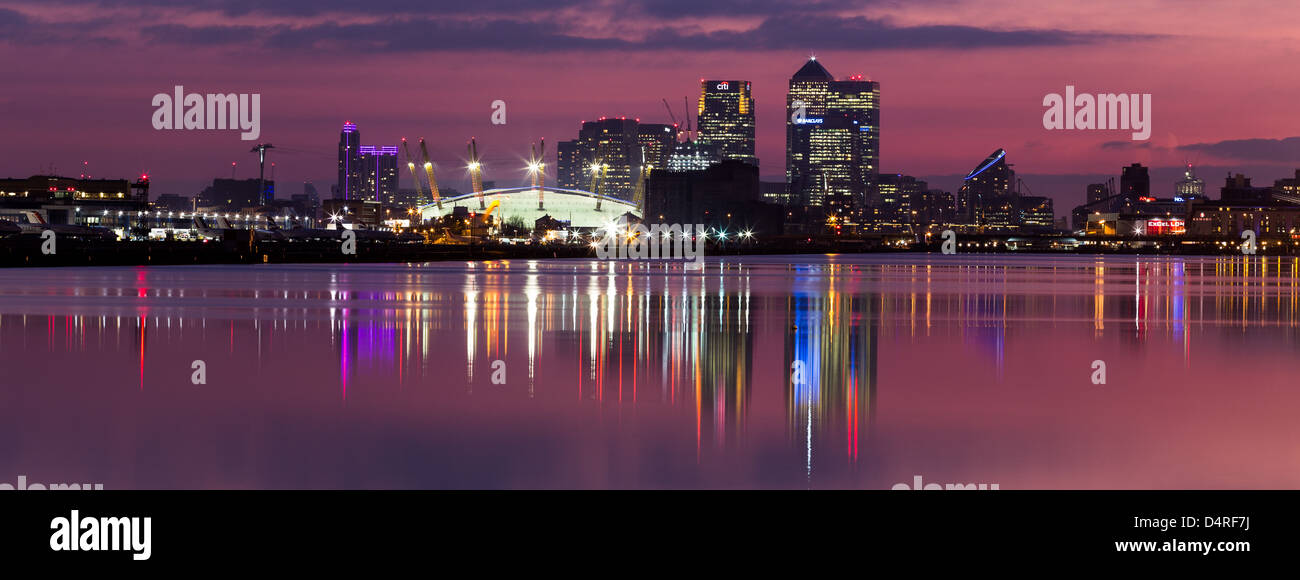 Canary Wharf and O2 Arena sunset with reflection in the water Stock ...