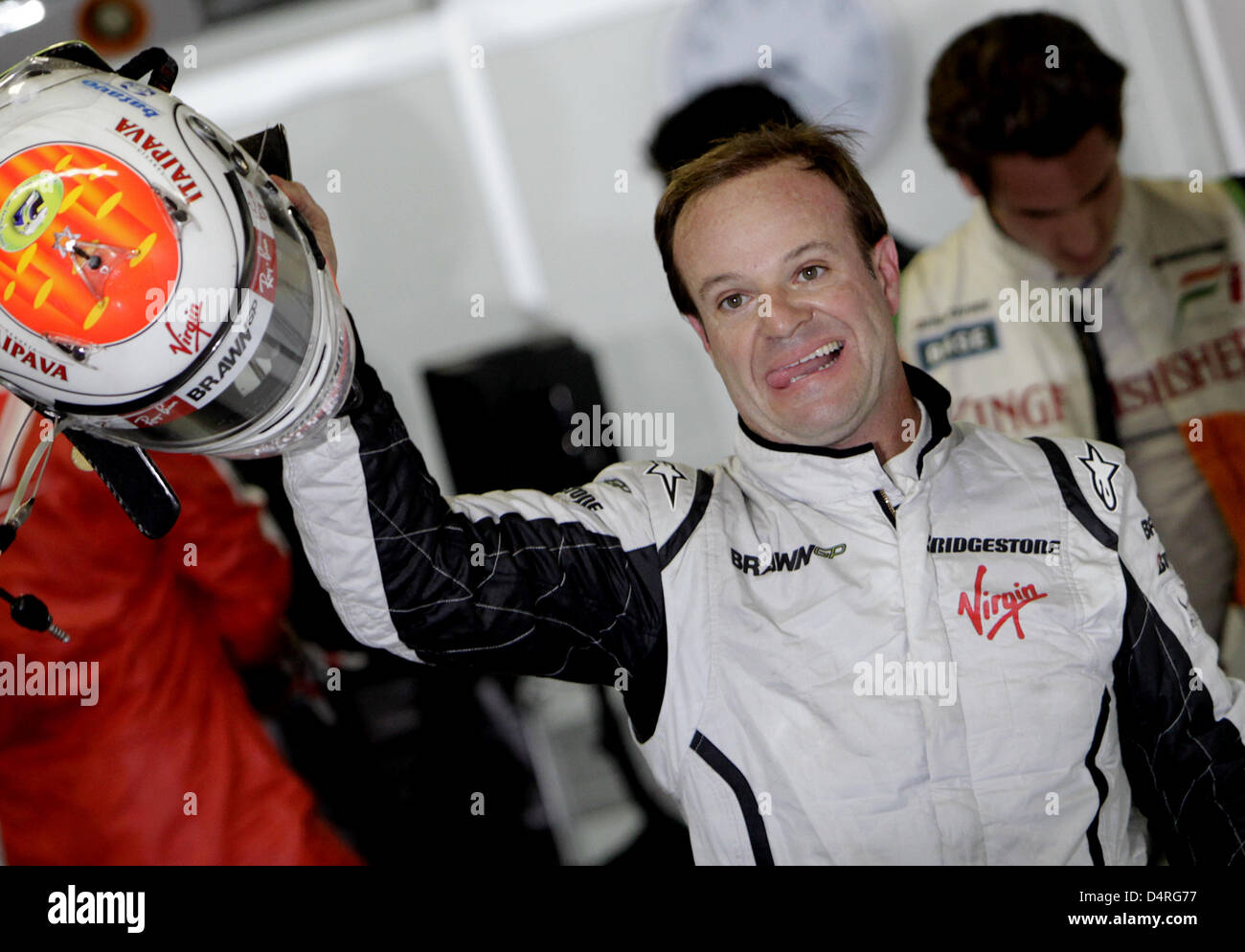 Brazilian Formula One driver Rubens Barrichello of Brawn GP celebrates ...