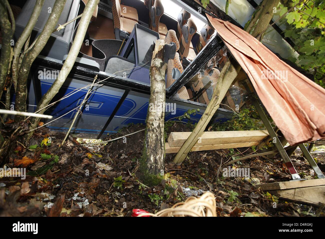 A tree trunk penetrates the passenger cabin of a crashed coach at the ...