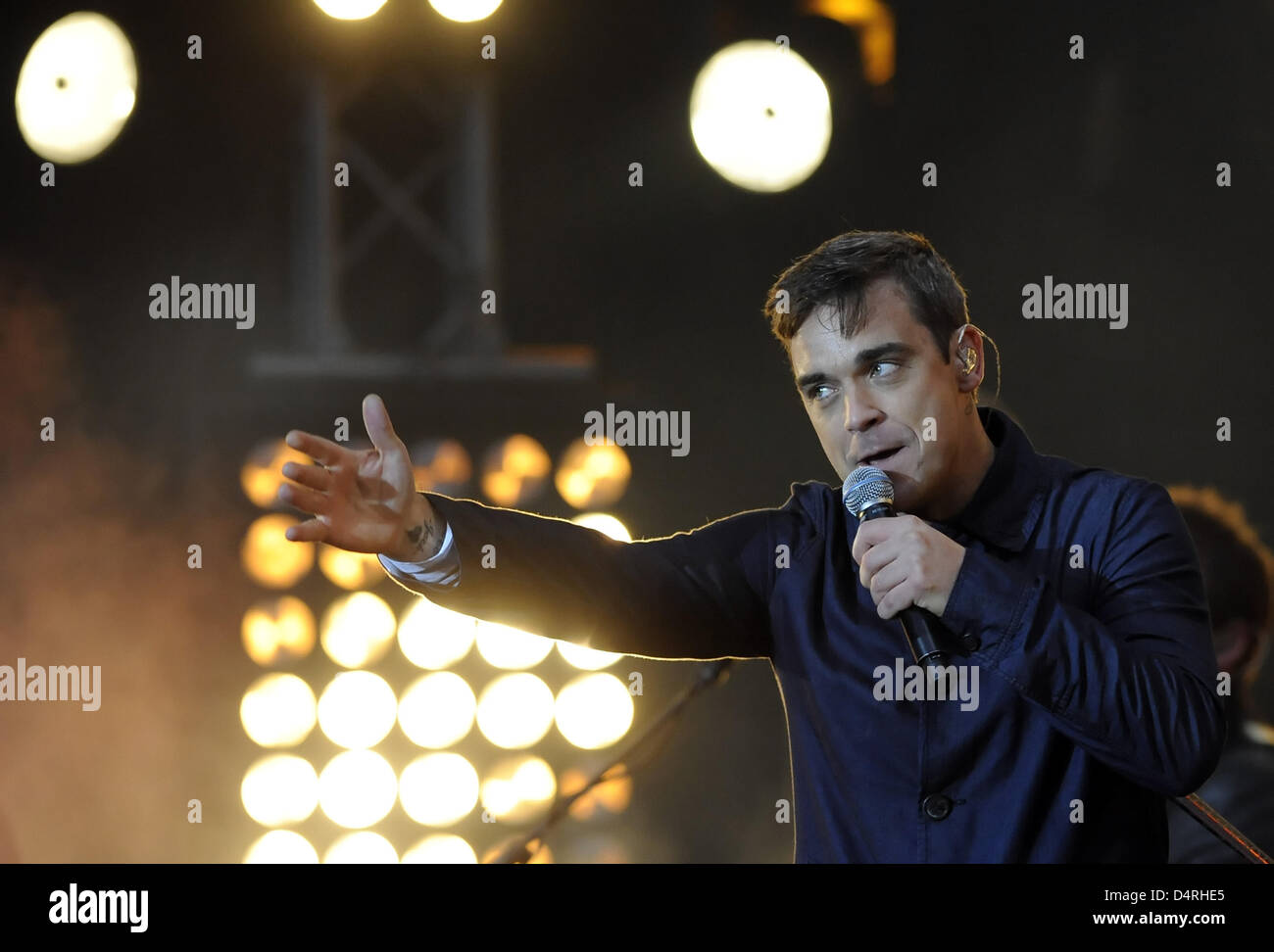 British singer Robbie Williams performs outside Max Schmeling hall in ...