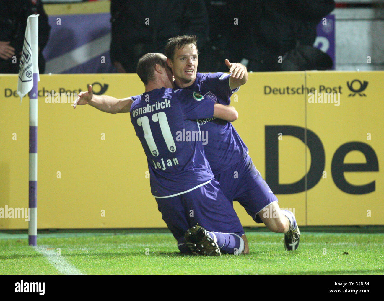 Osnabrueck?s Benjamin Siegert (R) celebrates his 3-1 score with Belgian ...