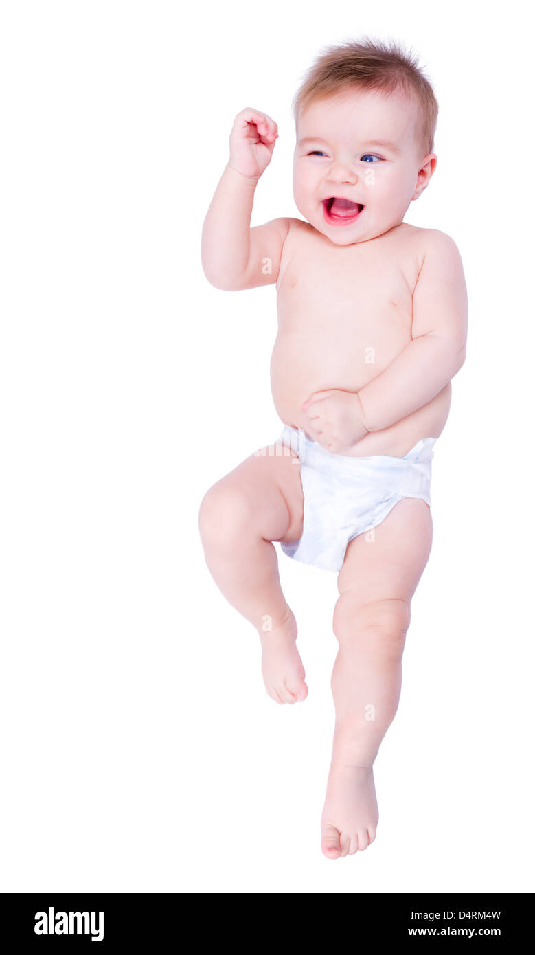Little baby in diapers making gesture in front of a white background ...