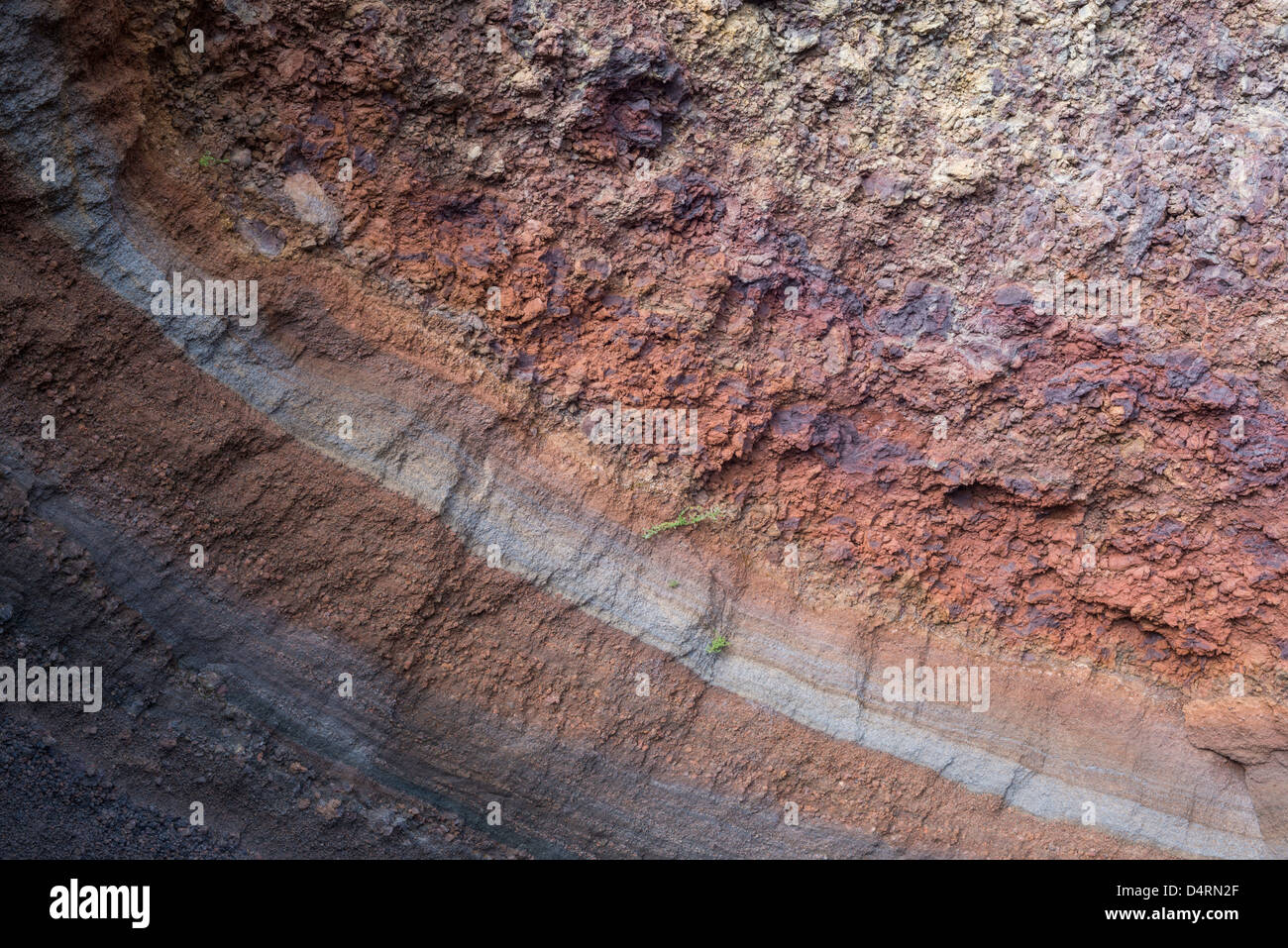 Thinly bedded and laminated volcaniclastic deposits on the cliff of ...