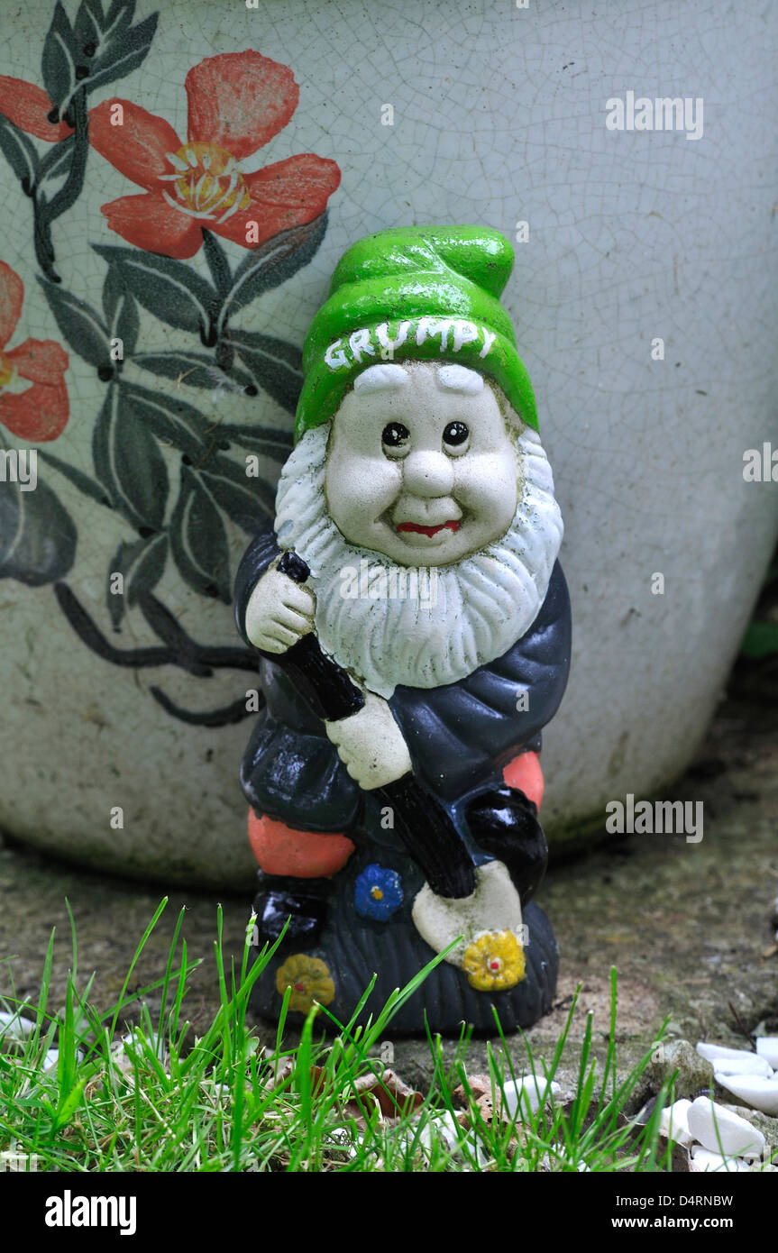Grumpy, one of the seven dwarfes acting as a garden gnome Stock Photo ...