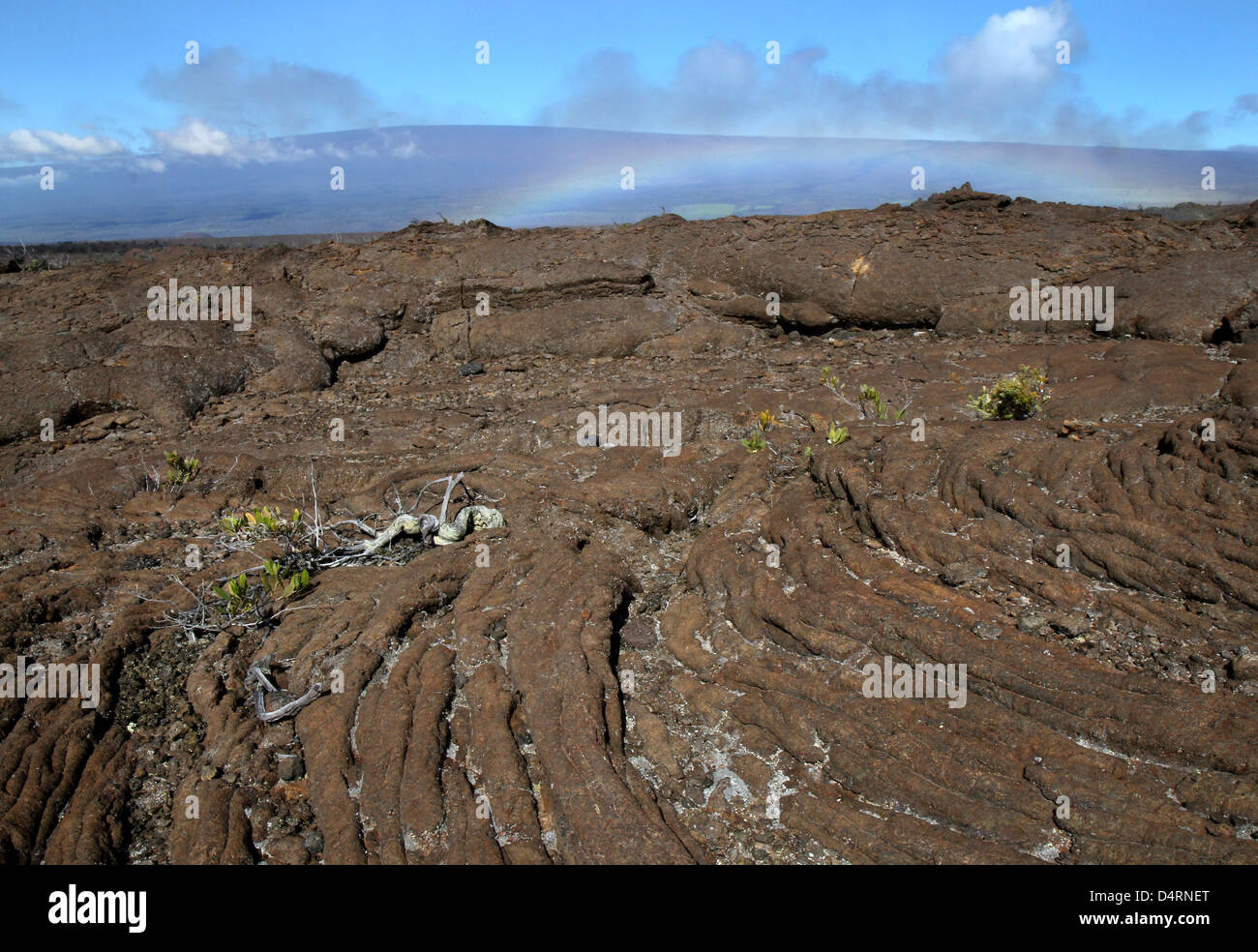 Mauna Loa volcano with Rainbow over old lava flow Kilauea Volcanoes ...