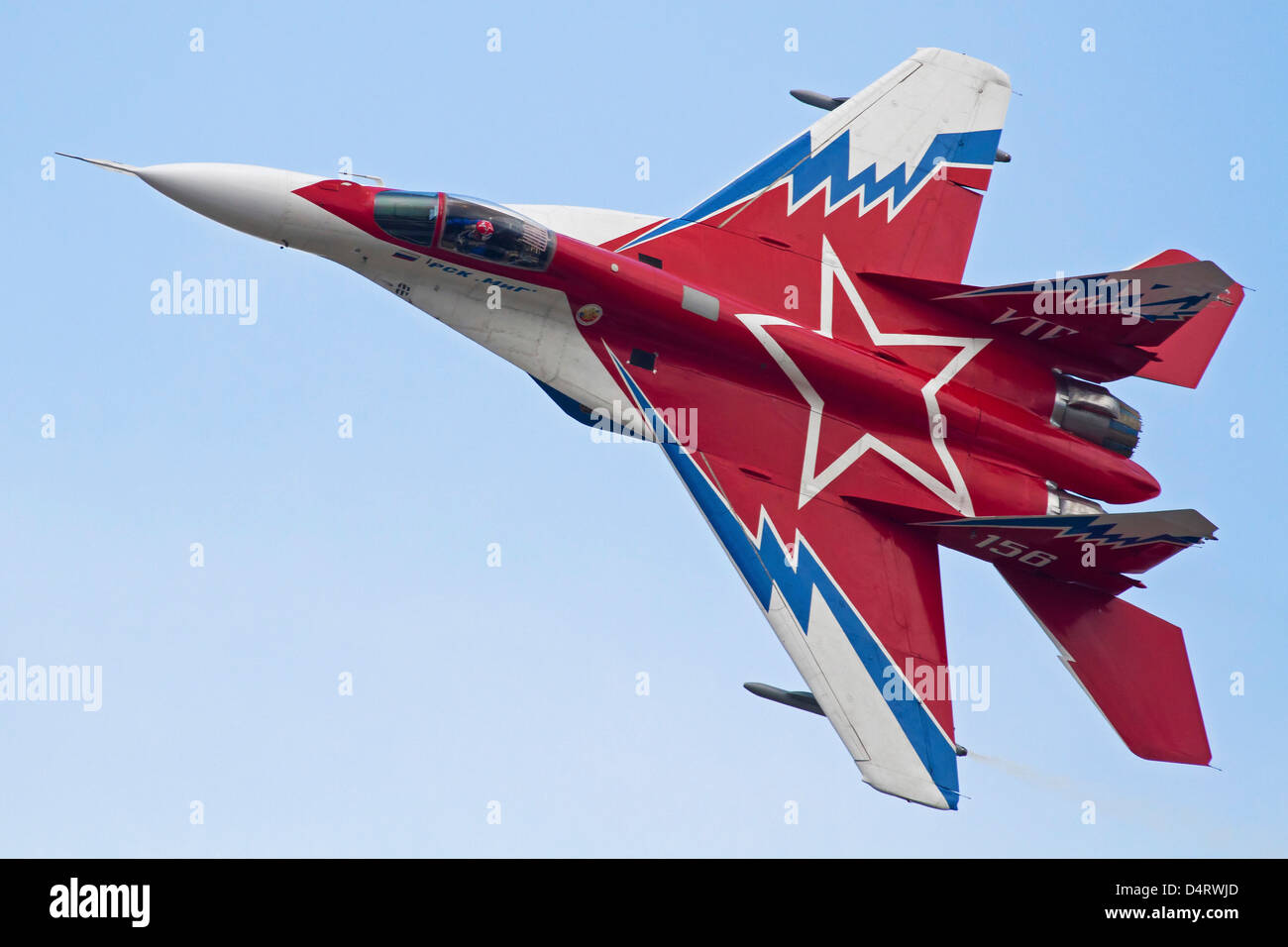 Top view of a Russian MiG-29OVT aerobatic aircraft in flight over ...