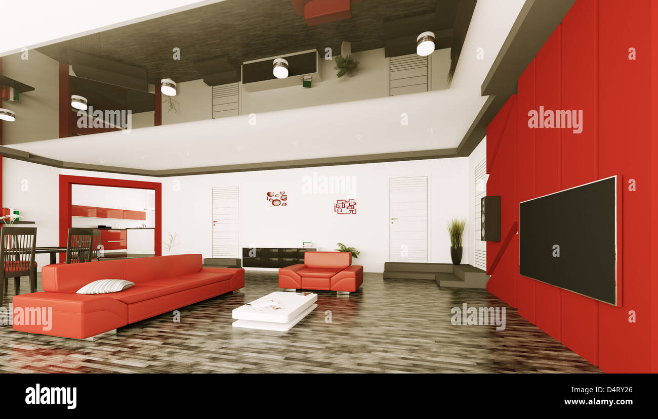 Interior of modern living room with plasma 3d render Stock Photo - Alamy