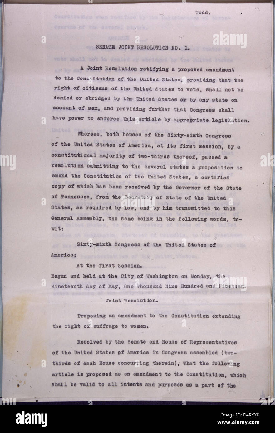 A document showing the ratification of the 19th Amendment, which ...