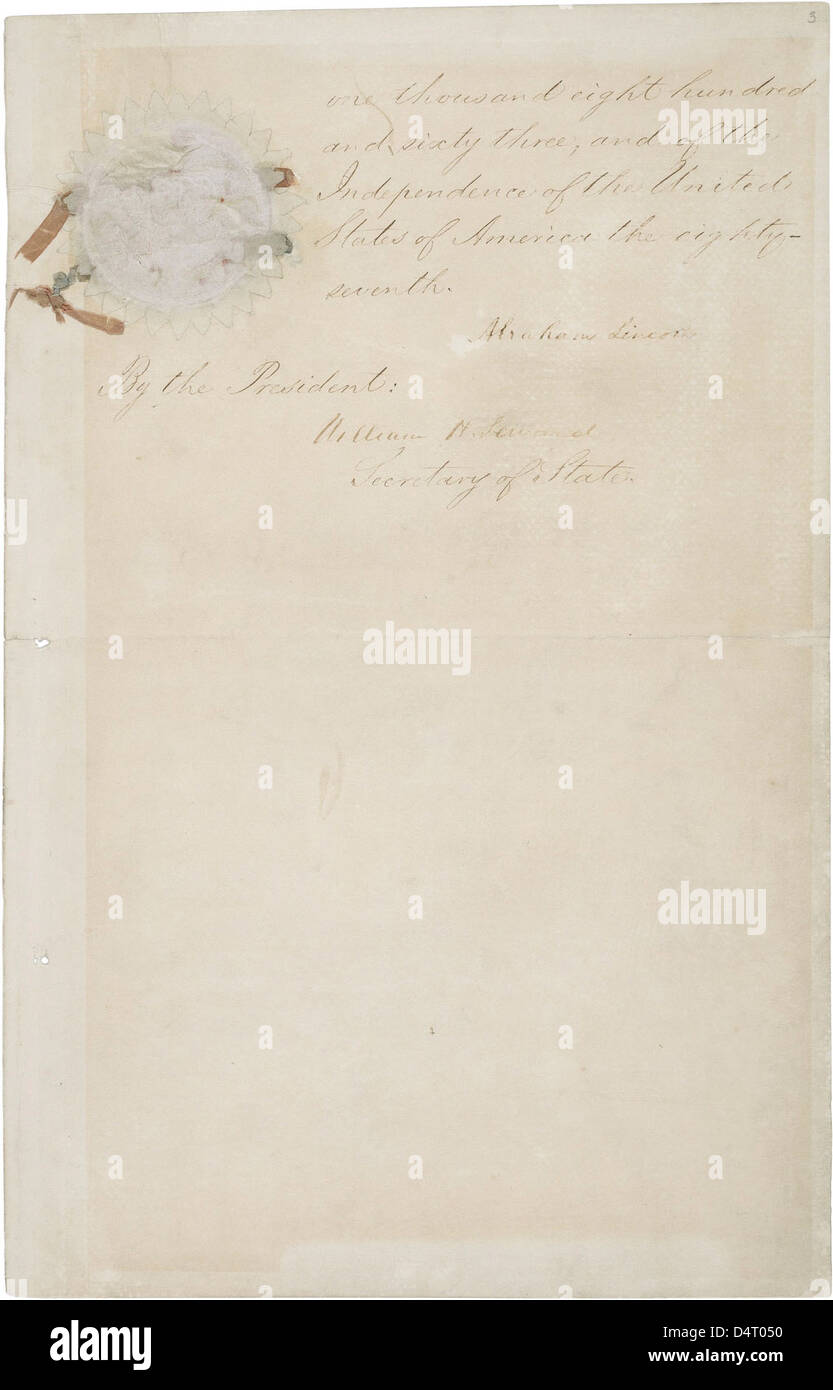 A page from the Emancipation Proclamation, signed January 1, 1863 ...