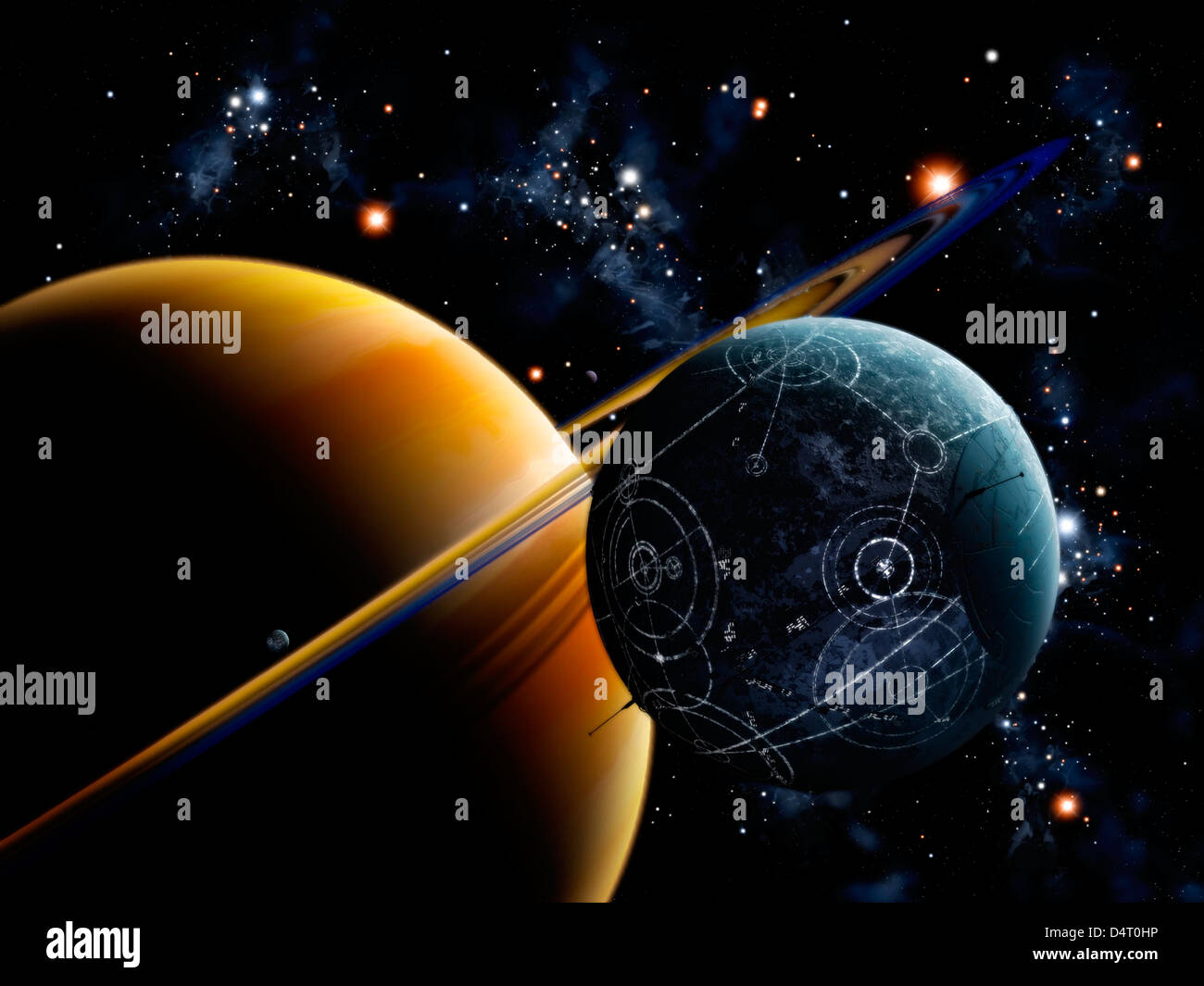 Two artificial moons travelling around a gas giant devouring the ...