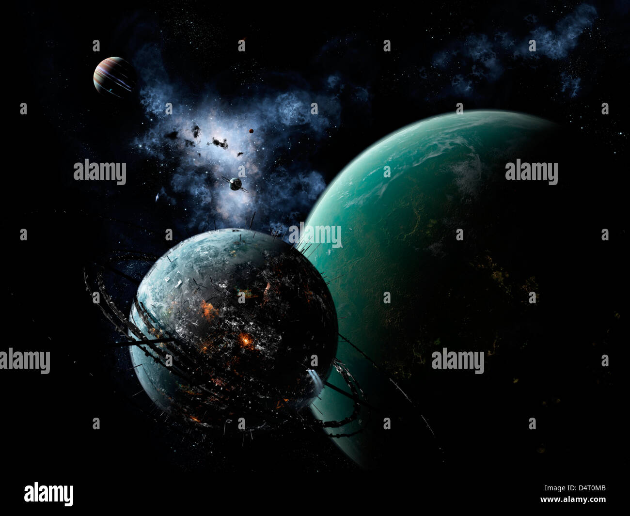 A massive space station orbits a large habitable moon Stock Photo - Alamy