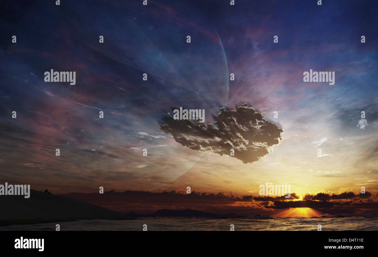 A despairing man sits, wretched, on the beach, watching as the sun sets ...