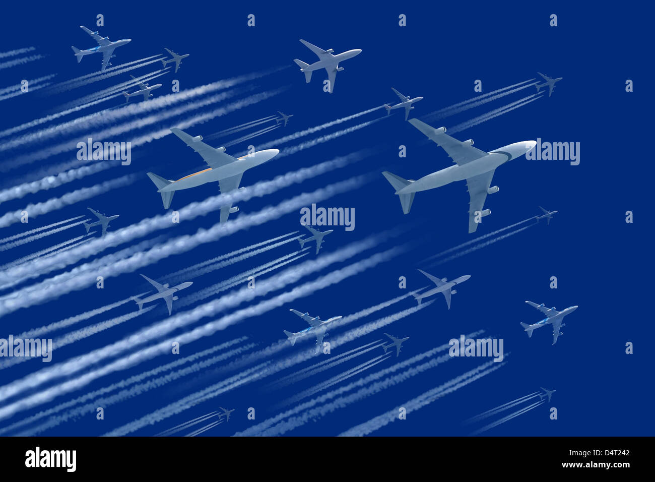 Lots of passenger planes flying on the blue sky. Photoshop illustration ...