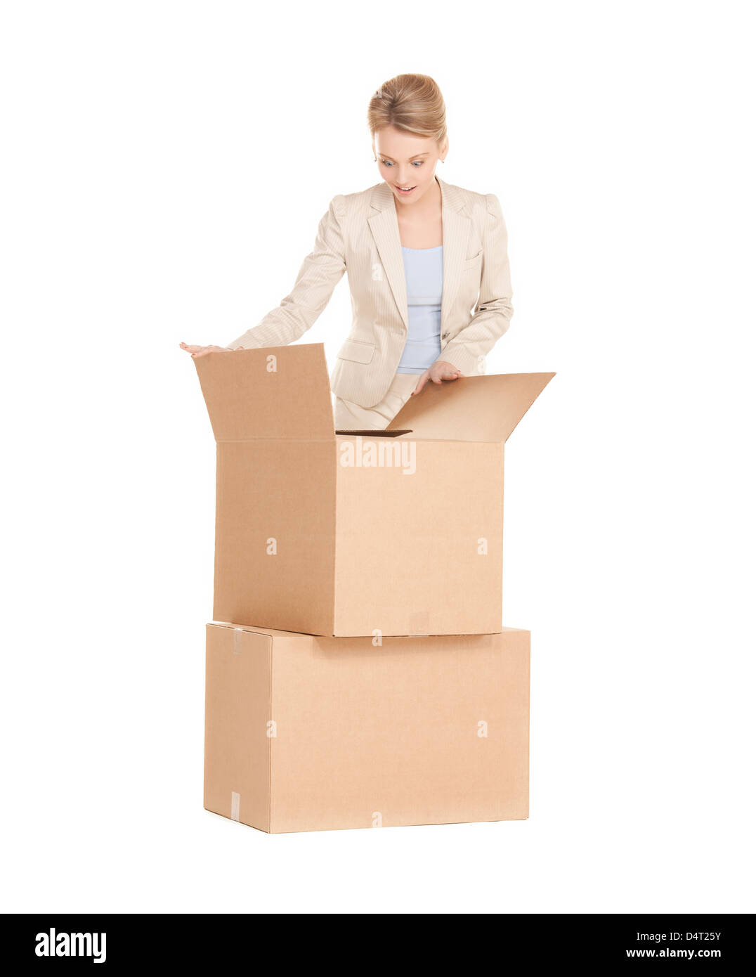 businesswoman unpacking big boxes Stock Photo - Alamy