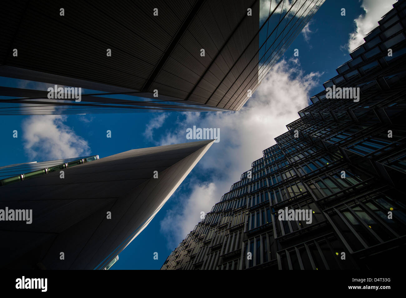 An abstract view of three adjacent office buildings in More London on a ...