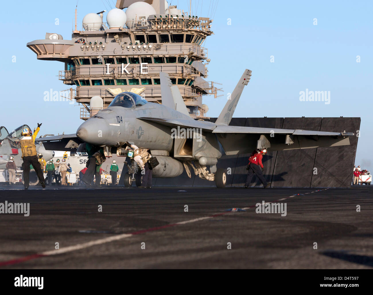 An F/A-18E Super Hornet during flight operations on USS Dwight D ...
