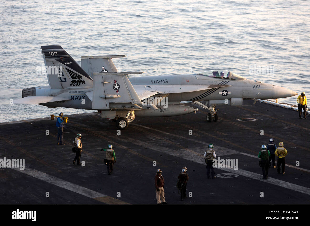 An F/A-18E Super Hornet during flight operations on USS Dwight D ...