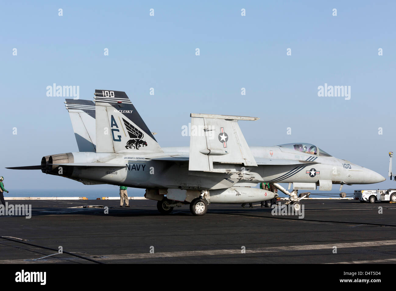 An F/A-18E Super Hornet during flight operations on USS Dwight D ...