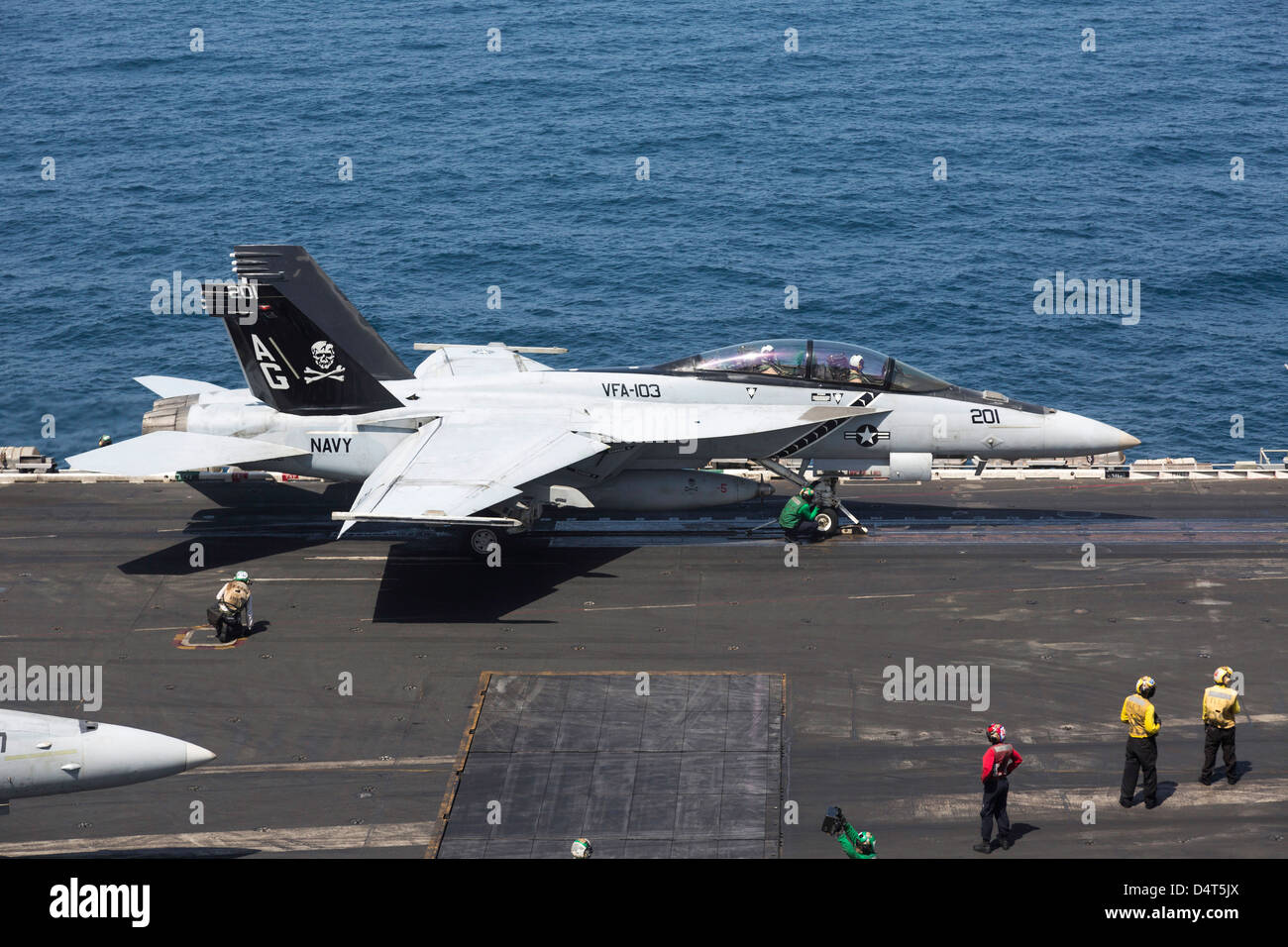 An F/A-18F Super Hornet during flight operations on USS Dwight D ...