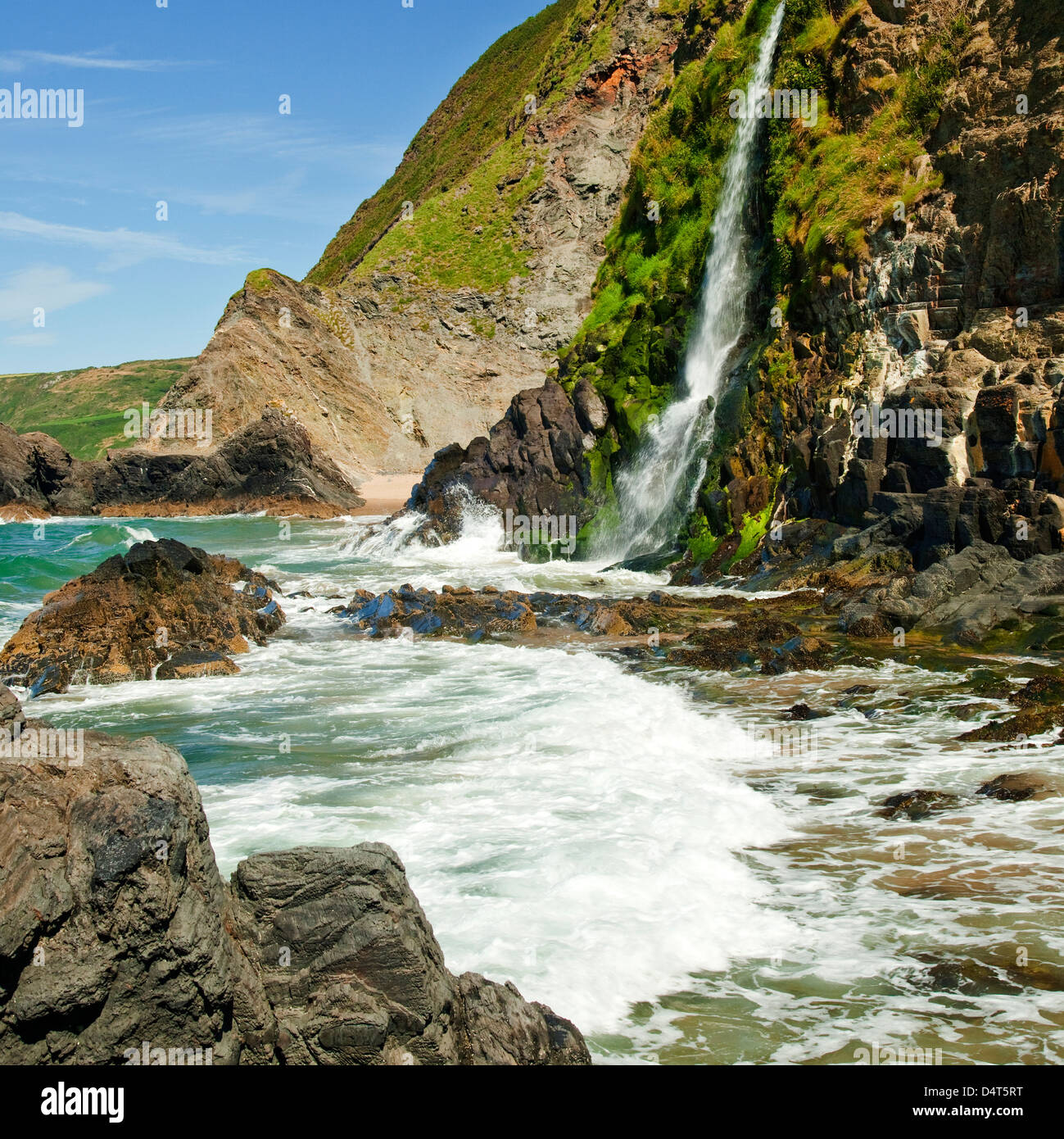 Waterfall, River Saith tumbles down to the sea in Tresaith Ceredigion ...