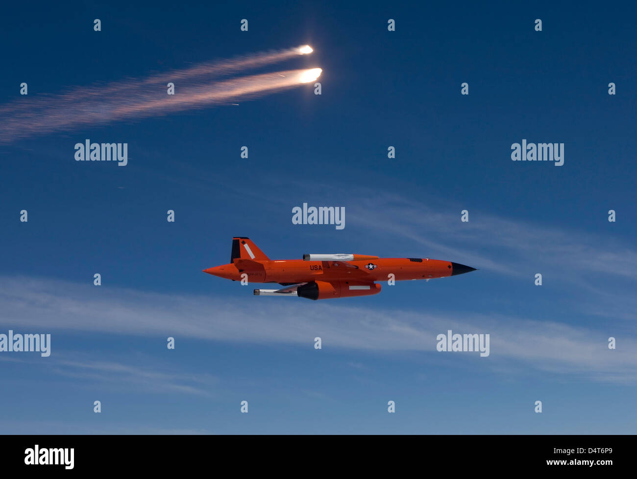 A BQM-167A target drone fires flares during Weapons System Evaluation ...