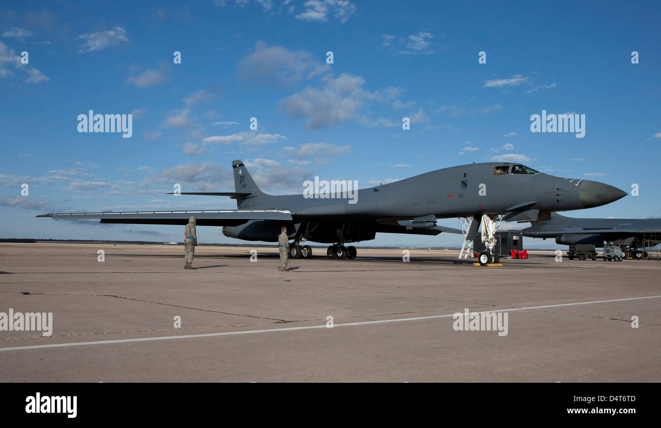 The crew of B-1B Lancer from Dyess Air Force Base, Texas, goes through ...