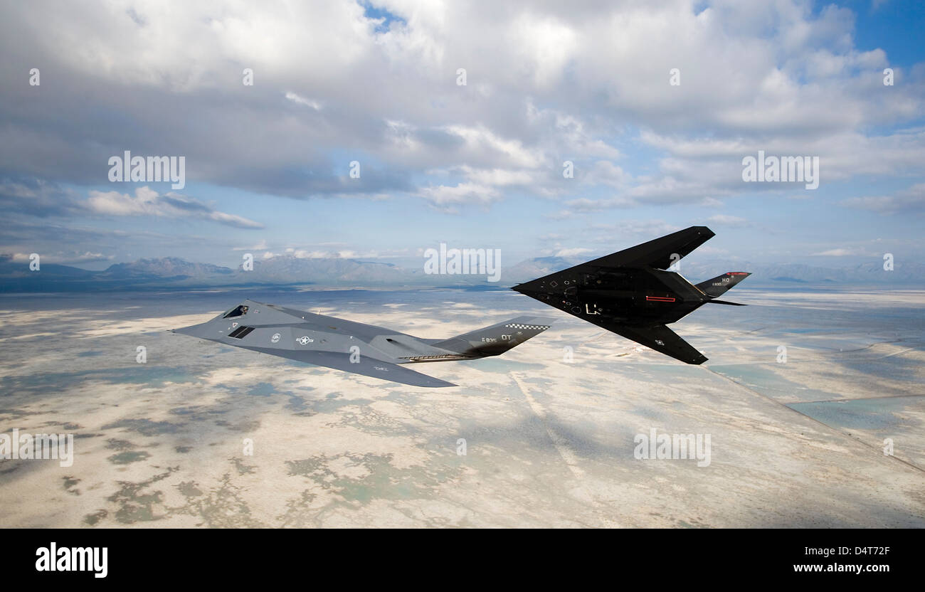 Two F-117 Nighthawk stealth fighters fly on a training sortie out of ...