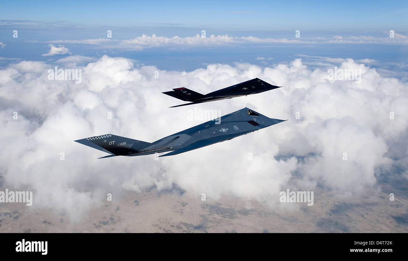 Two F-117 Nighthawk stealth fighters fly on a training sortie out of ...