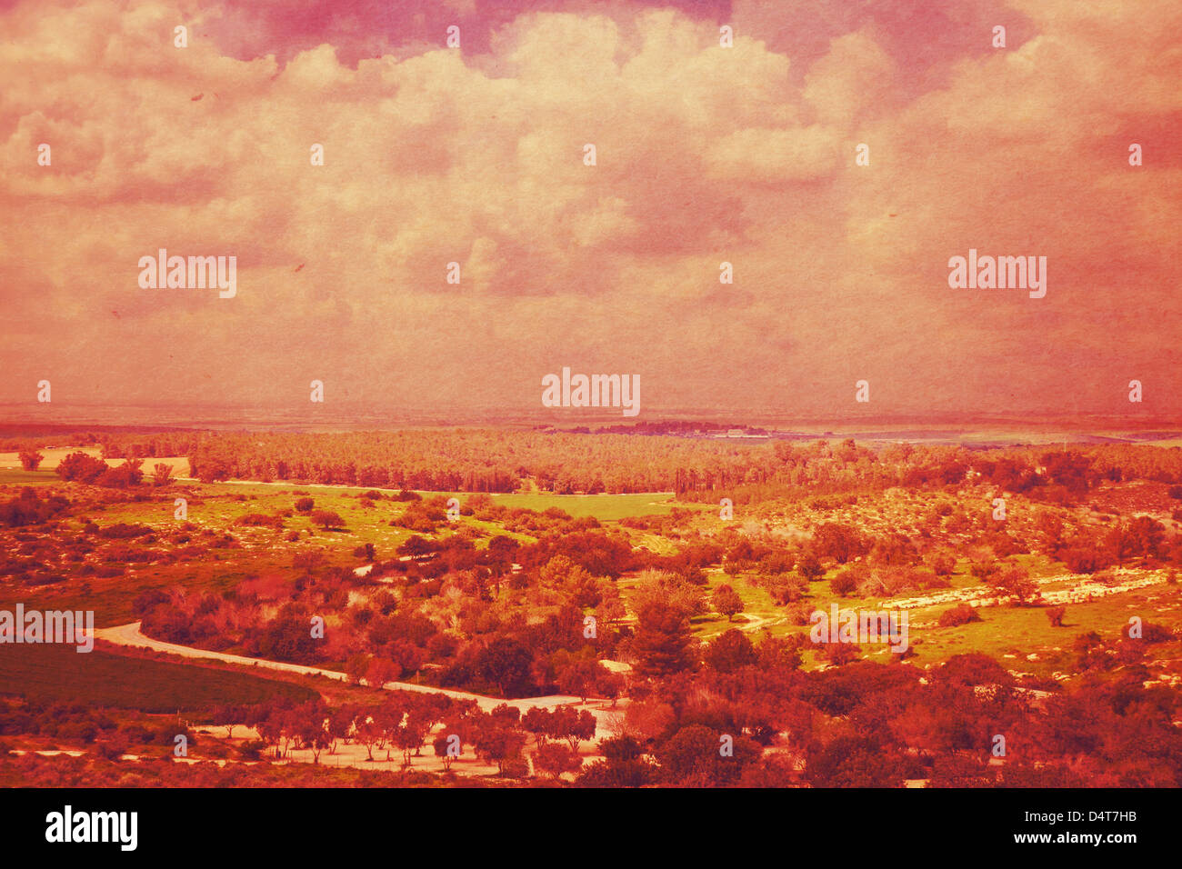 Unrealistic vintage landscape picture in red and purple tones Stock ...