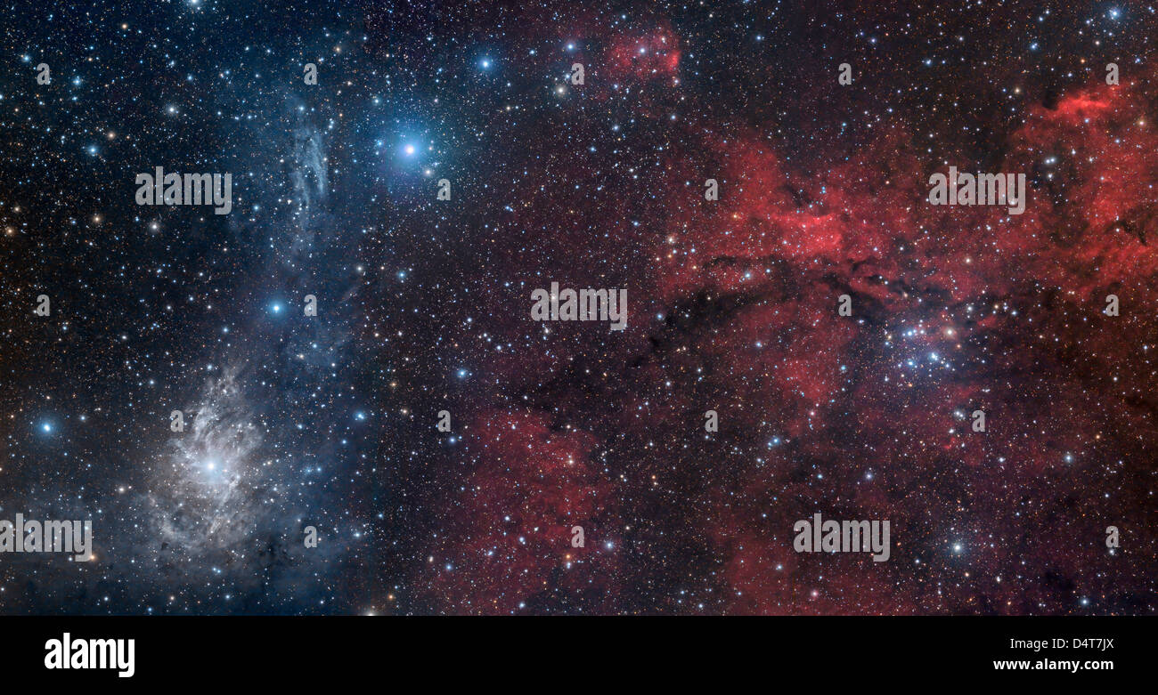 Blue reflection nebulae and glowing red emission nebulae cover this ...
