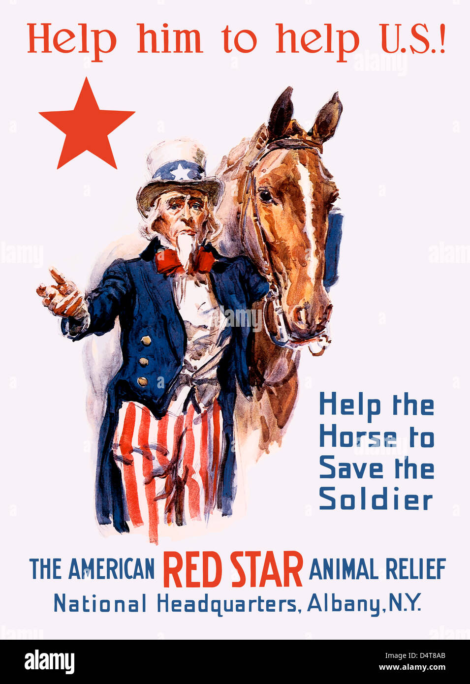 Vintage World War I poster of Uncle Sam with a horse Stock Photo - Alamy
