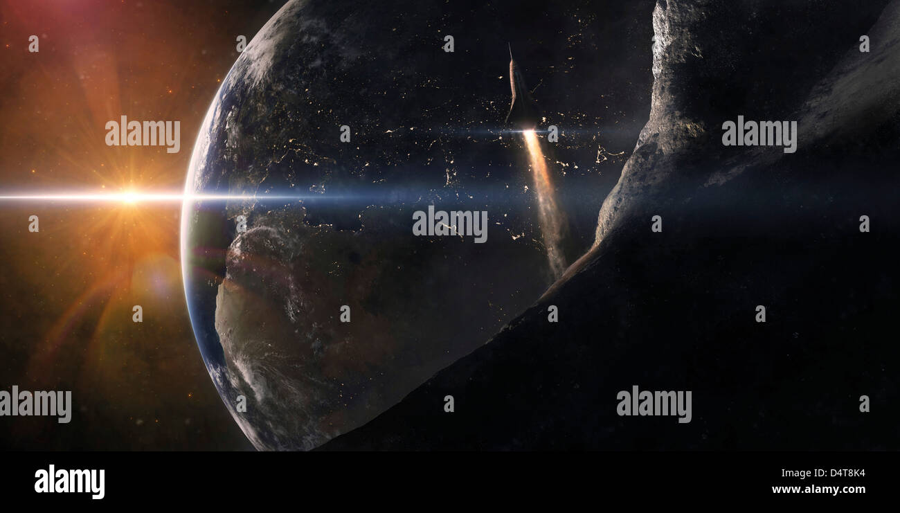 A space shuttle flying over an asteroid that is passing close to Earth ...
