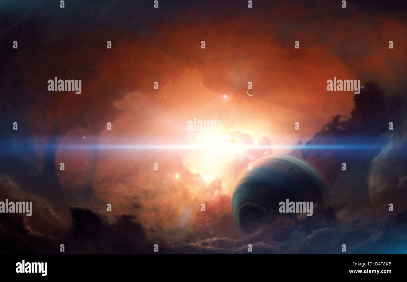 A gas giant partly hidden in a nebula Stock Photo - Alamy