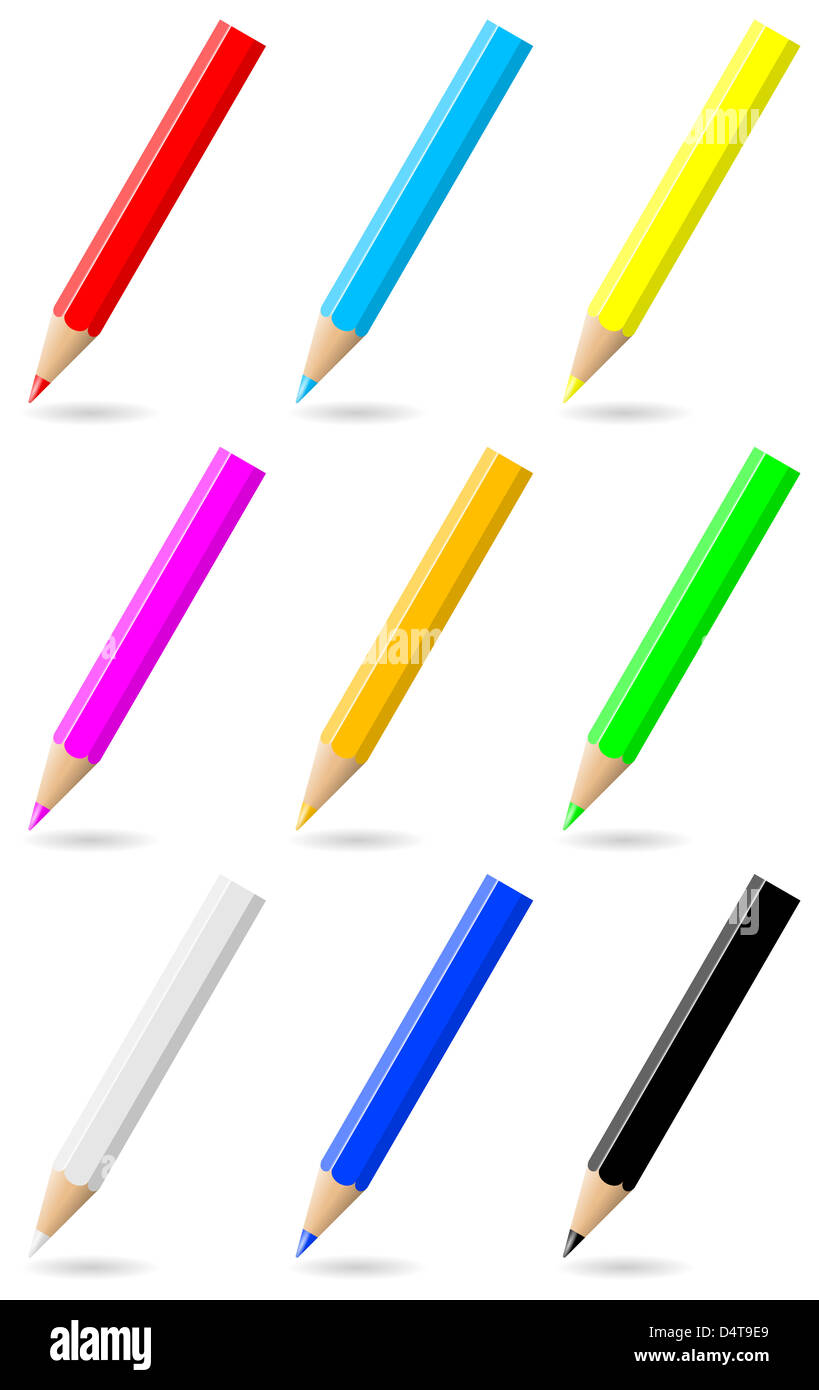 Set of colorful pencils with colored tip and shadow on white background ...
