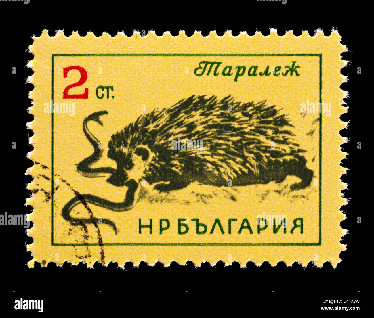 Postage stamp from Bulgaria depicting a hedgehog attacking a snake ...